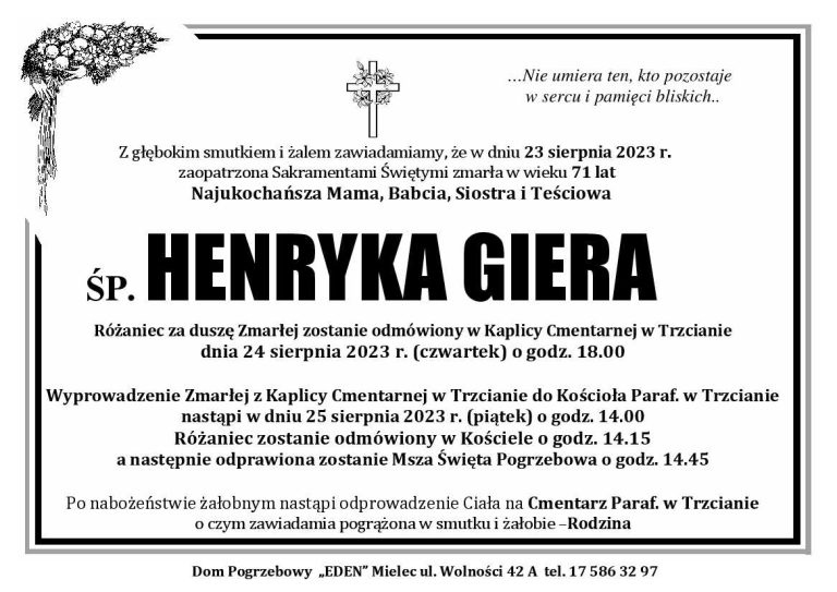Nekrolog - śp. HENRYKA GIERA - EDEN Dom Pogrzebowy